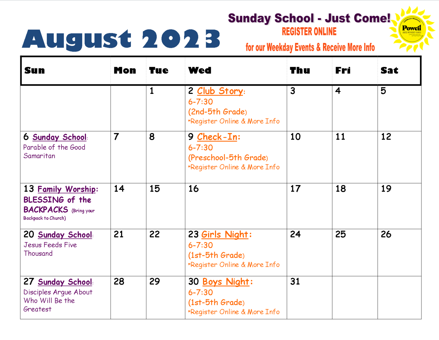 Children's Ministries Events - draft - Powell United Methodist Church